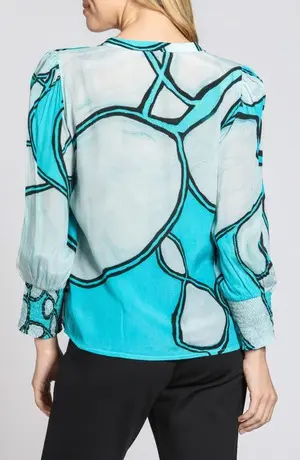APNY Print Smocked Cuff Top - Turquoise Multi