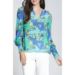 APNY Print Smocked Cuff Top - Turquoise Multi