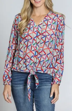 APNY Print Tie-front Top - Grey Multi