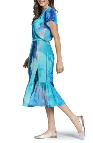 APNY Print Short Sleeve Midi Dress - Bright Blue Multi