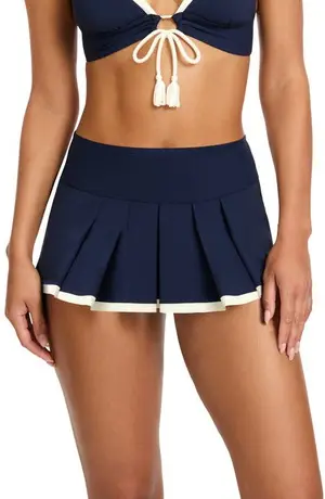 Robin Piccone Tierna Pleated Skirted Bikini Bottom - Navy/cream