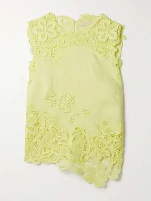 Ulla Johnson Marlis Guipure Lace-paneled Linen Top - Chartreuse
