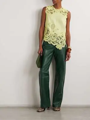 Ulla Johnson Marlis Guipure Lace-paneled Linen Top - Chartreuse