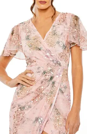 Mac Duggal Printed Mesh Faux Wrap Midi Dress - Rose