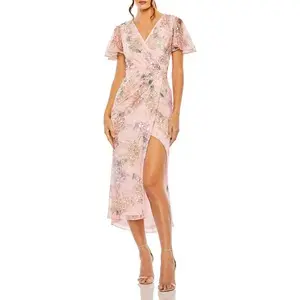 Mac Duggal Printed Mesh Faux Wrap Midi Dress - Rose