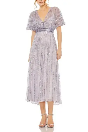 Mac Duggal Embellished Empire Waist Short Sleeve Dress - Lavender