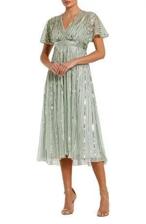 Mac Duggal Embellished Empire Waist Short Sleeve Dress - Sage