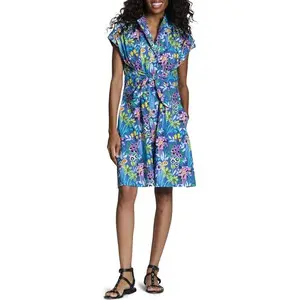 APNY Floral Print Belted A-line Dress - Blue Multi