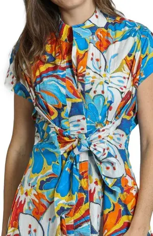 APNY Floral Print Belted A-line Dress - Blue Orange Multi
