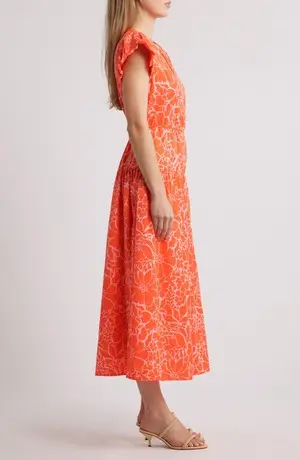 Wit & Wisdom Floral Cotton Blend Midi Dress - Pink/ Papaya Punch