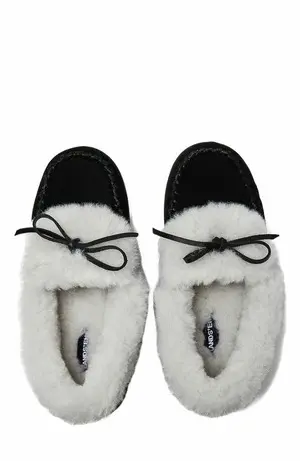 LANDS' END Fluffy Lined Moccasin Slippers - Black Suede
