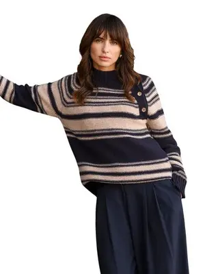 CELTIC & CO. Pure Wool Striped Button Neck Sweater