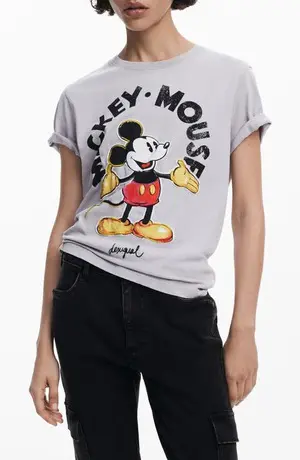 Desigual Mickey Mouse Striped Graphic T-shirt - Neutral Gray