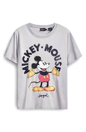 Desigual Mickey Mouse Striped Graphic T-shirt - Neutral Gray