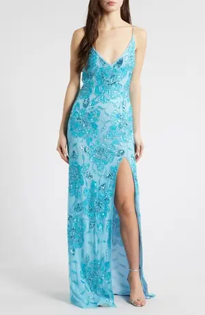 JUMP APPAREL Beaded Sequin Sleeveless Gown