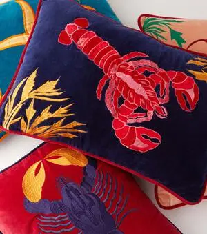 LES-OTTOMANS Rock Lobster Embroidered Cushion - Blue