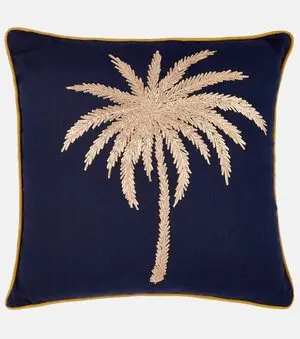 LES-OTTOMANS Embroidered Cotton Canvas Cushion - Blue