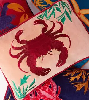 LES-OTTOMANS Crab Embroidered Velvet Cushion