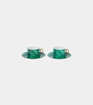 L'Objet Malachite Set Of 2 Teacups And Saucers - Green