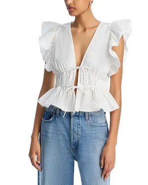 Aqua Ruffle Poplin Top - White
