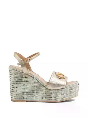 Valentino Garavani Vlogo Signature Wedge Sandal 120mm In Laminated Grainy Calfskin - Neutrals