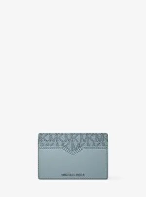 Michael Kors Hudson Pebbled Leather And Signature Logo Money Clip Card Case In By - Blue