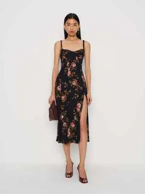 REFORMATION Katara Floral Print Sleeveless Sweetheart Neck Midi Dress - Black
