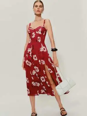 REFORMATION Katara Floral Print Sleeveless Sweetheart Neck Midi Dress - Red