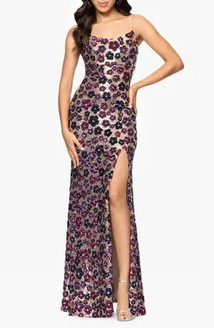Betsy & Adam Floral Sequin Gown