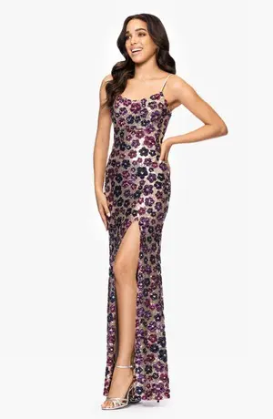Betsy & Adam Floral Sequin Gown