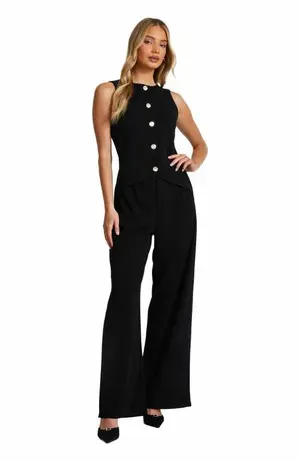QUIZ Scuba Crepe Waistcoat Jumpsuit - Black