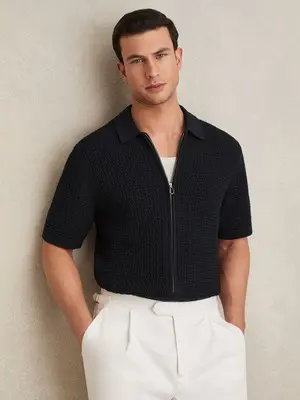 REISS Comet Textured-knit Zip-through Shirt - Navy