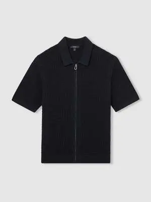 REISS Comet Textured-knit Zip-through Shirt - Navy