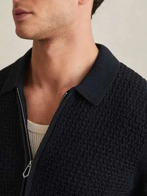 REISS Comet Textured-knit Zip-through Shirt - Navy