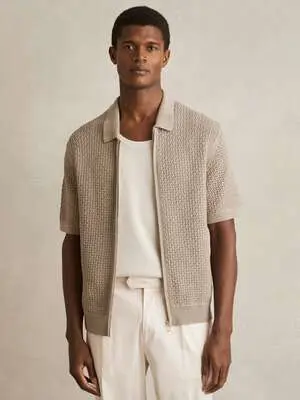 REISS Comet Textured-knit Zip-through Shirt - Stone