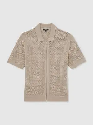 REISS Comet Textured-knit Zip-through Shirt - Stone
