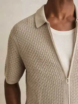 REISS Comet Textured-knit Zip-through Shirt - Stone