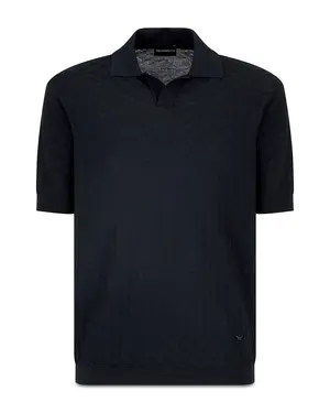 Emporio Armani Virgin Wool Short Sleeve Polo Sweater - Navy Blue