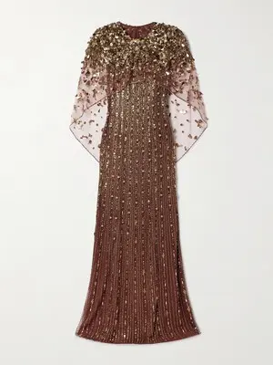 Jenny Packham Nettie Cape-effect Embellished Sequined Tulle Gown - Metallic