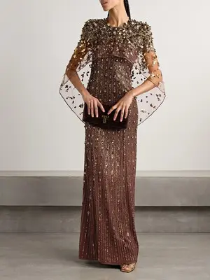 Jenny Packham Nettie Cape-effect Embellished Sequined Tulle Gown - Metallic