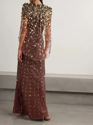 Jenny Packham Nettie Cape-effect Embellished Sequined Tulle Gown - Metallic