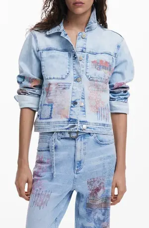 Desigual Patch Print Denim Trucker Jacket - Medium Blue