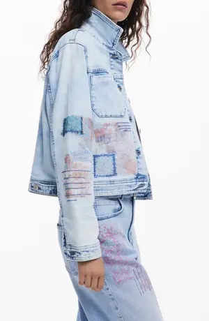 Desigual Patch Print Denim Trucker Jacket - Medium Blue