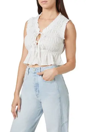 Habitual Cotton Shirred Tie Front Top - White