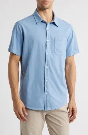 FAIR HARBOR Saltaire Organic Cotton Knit Short Sleeve Button-up Shirt - Light Blue