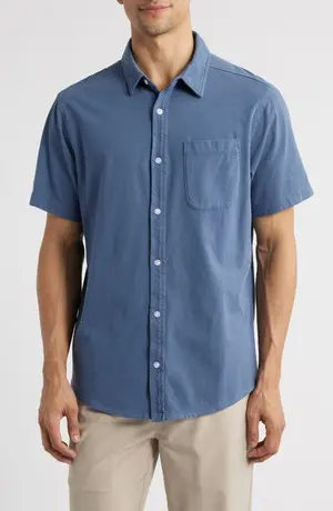 FAIR HARBOR Saltaire Organic Cotton Knit Short Sleeve Button-up Shirt - Navy