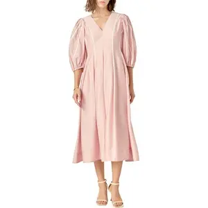 English Factory Contrast Binding Puff Shoulder Midi Dress - Pink