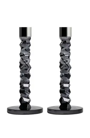 ORREFORS Carat Set Of 2 Medium Crystal & Stainless Steel Candlesticks Charcoal
