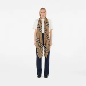 Burberry Wide Check Wool Silk Scarf Archive Beige