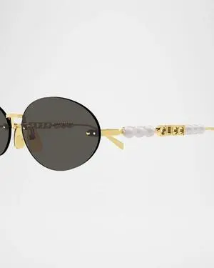 Gucci Rimless Metal Oval Sunglasses With Faux Pearls - Gold